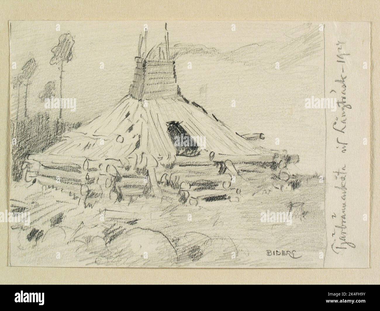 Tar burning at Långträsk, Norrbotten. Drawing of Ferdinand Boberg ...