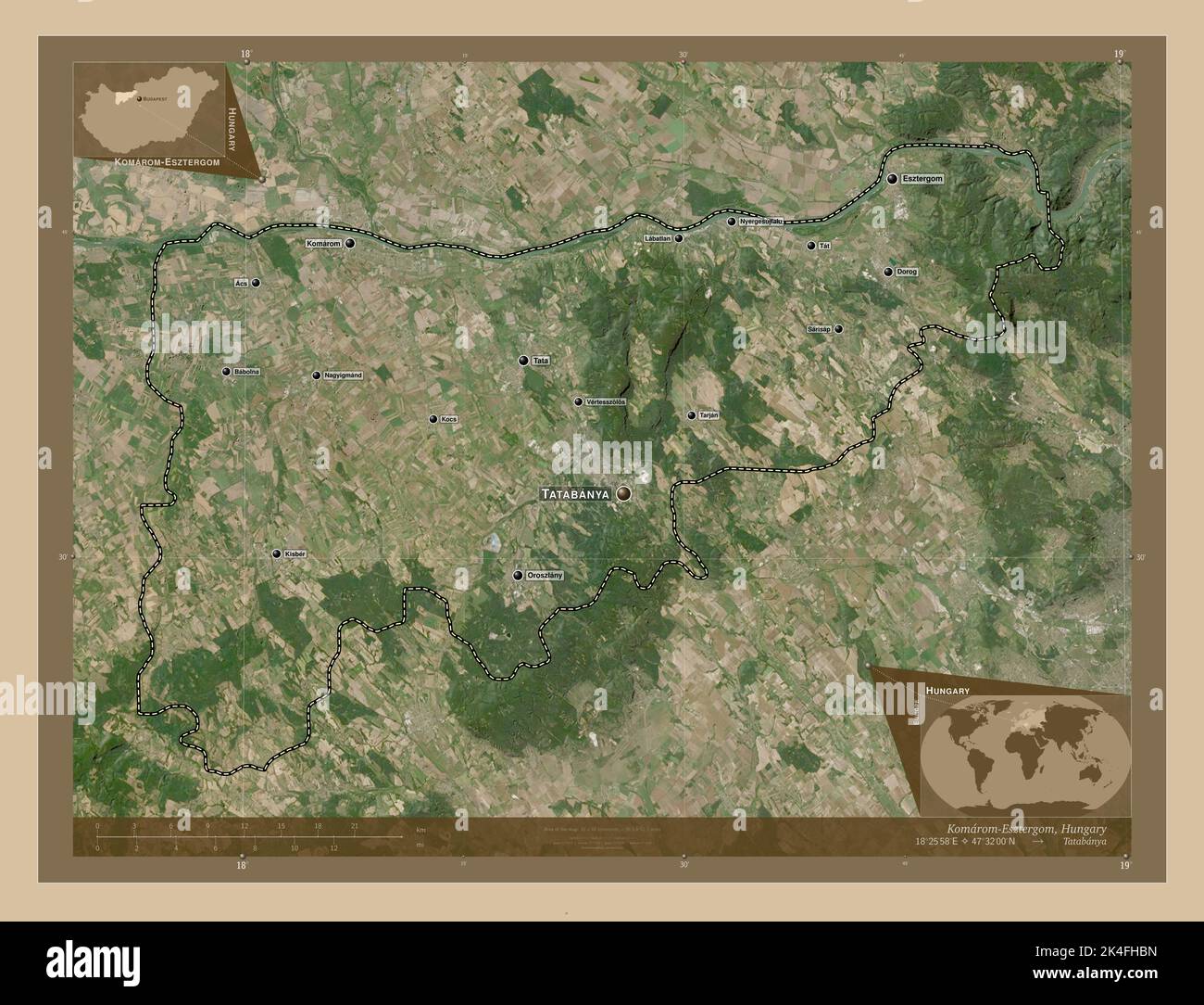 Komarom-Esztergom, county of Hungary. Low resolution satellite map ...