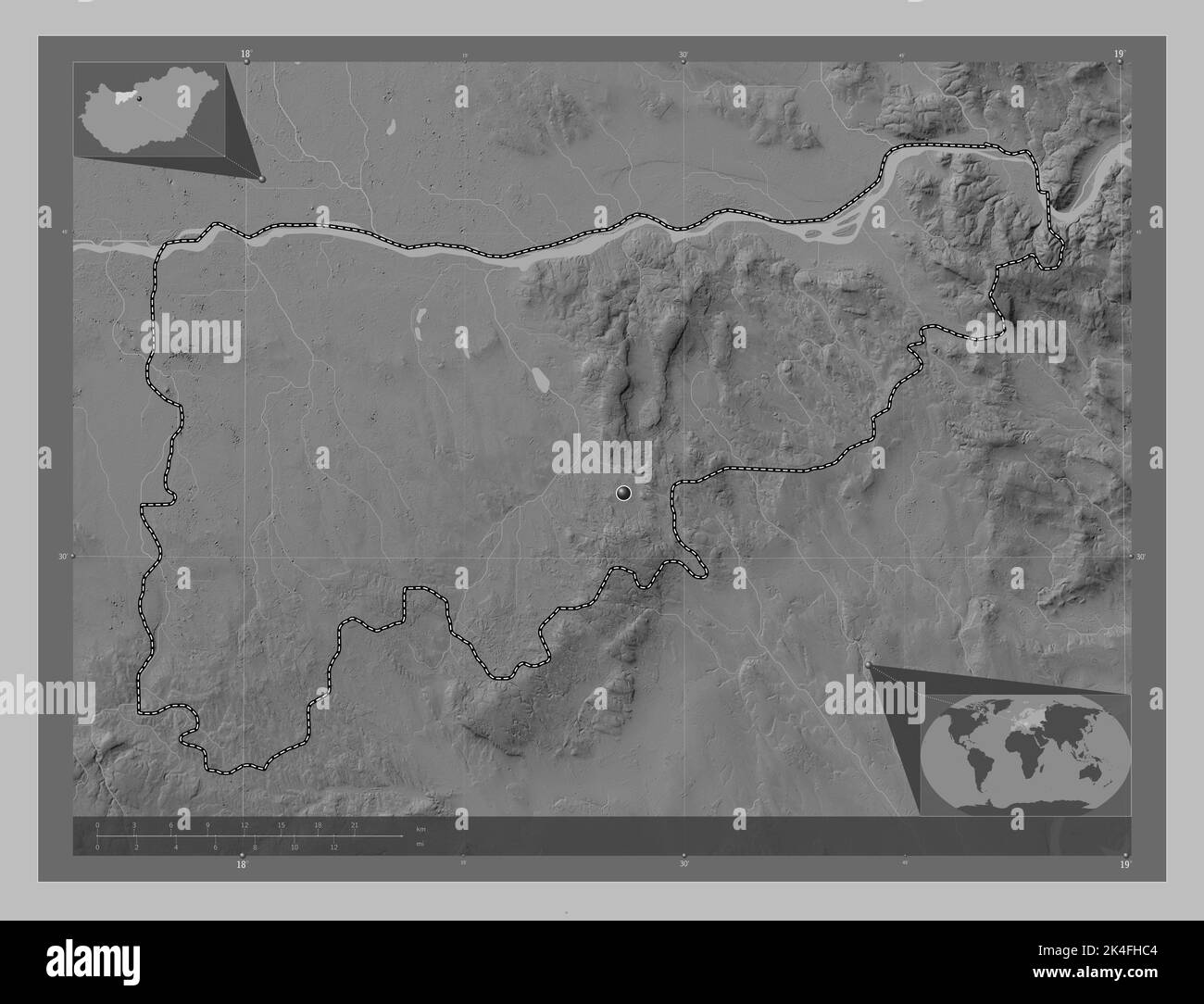 Komarom-Esztergom, county of Hungary. Grayscale elevation map with ...