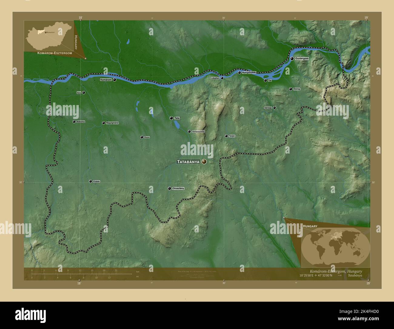 Komarom-Esztergom, county of Hungary. Colored elevation map with lakes ...