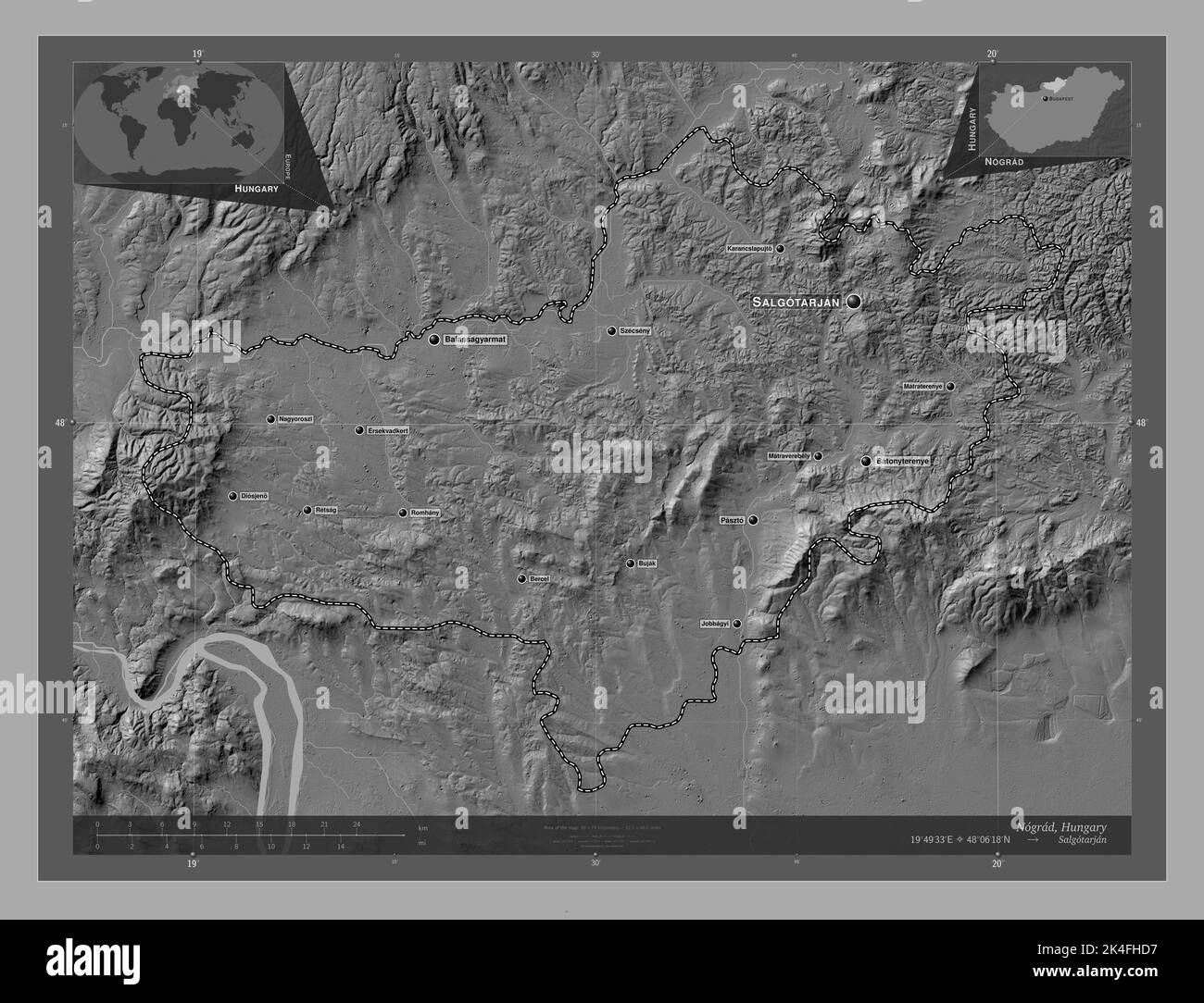 Nograd, county of Hungary. Bilevel elevation map with lakes and rivers ...