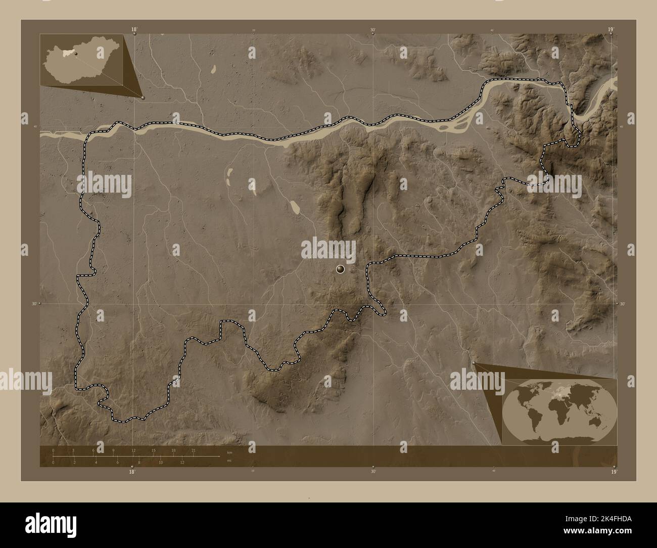 Komarom-Esztergom, county of Hungary. Elevation map colored in sepia ...