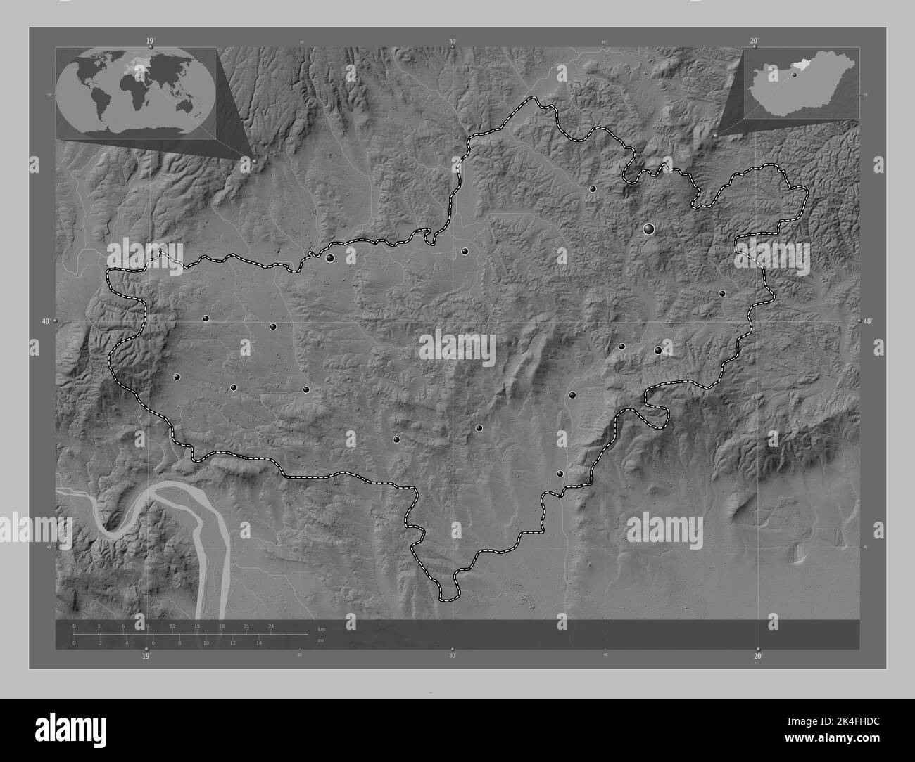 Nograd, county of Hungary. Grayscale elevation map with lakes and ...
