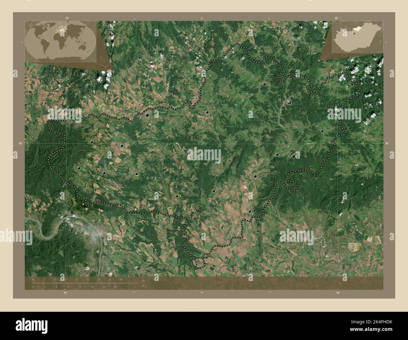 Nograd, county of Hungary. High resolution satellite map. Locations of ...