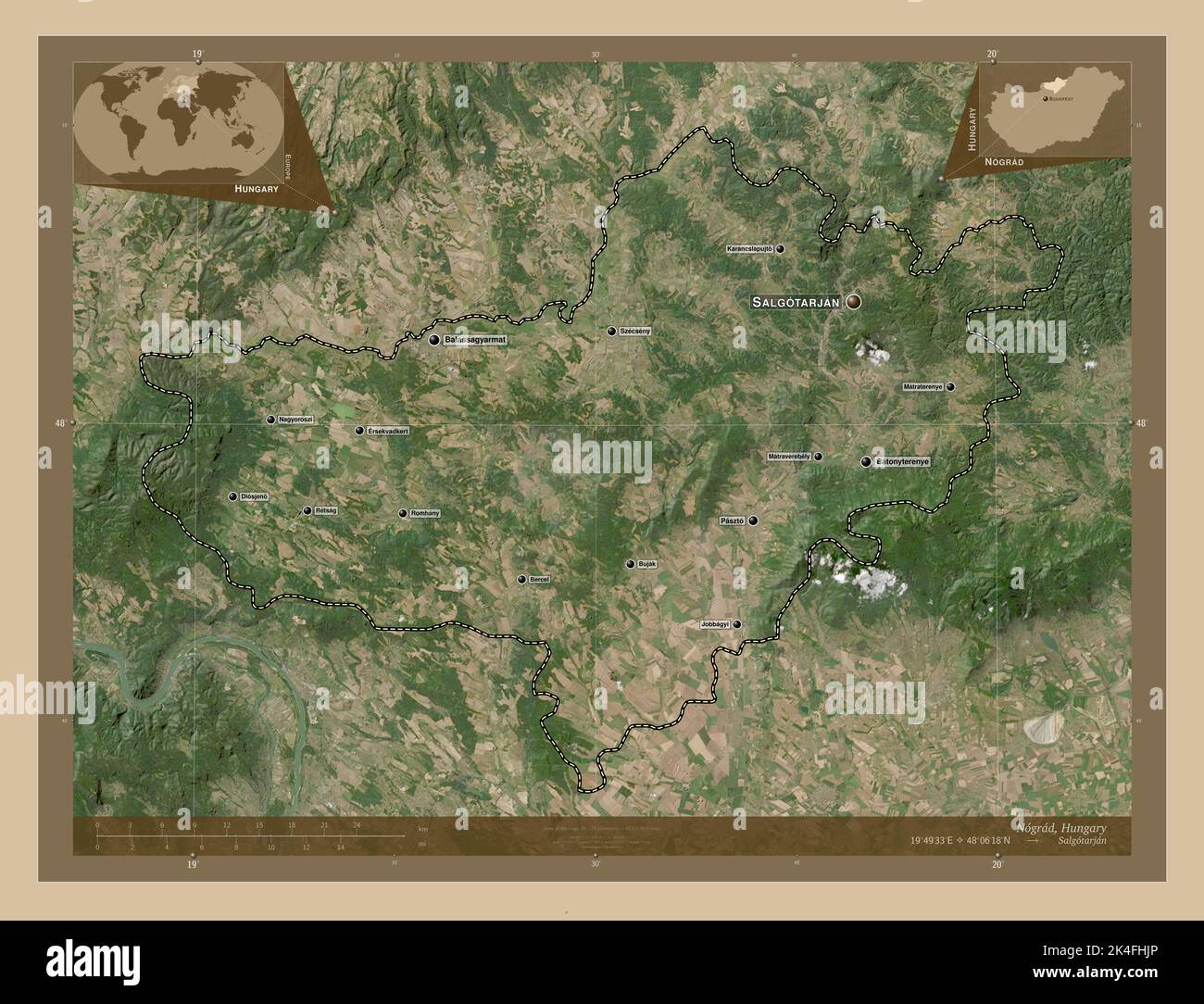Nograd, county of Hungary. Low resolution satellite map. Locations and ...