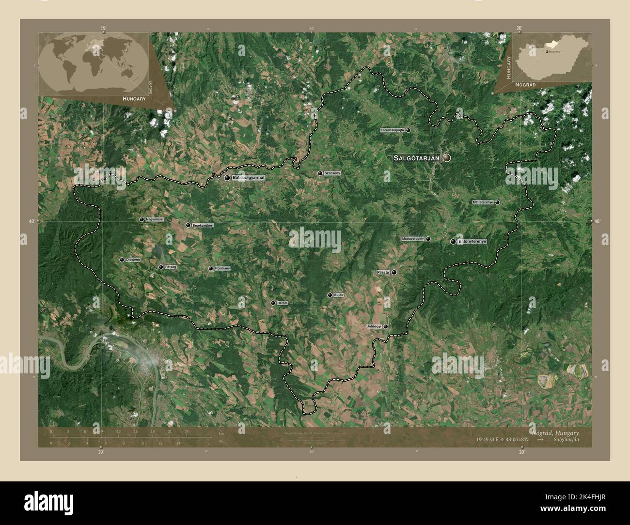 Nograd, county of Hungary. High resolution satellite map. Locations and ...