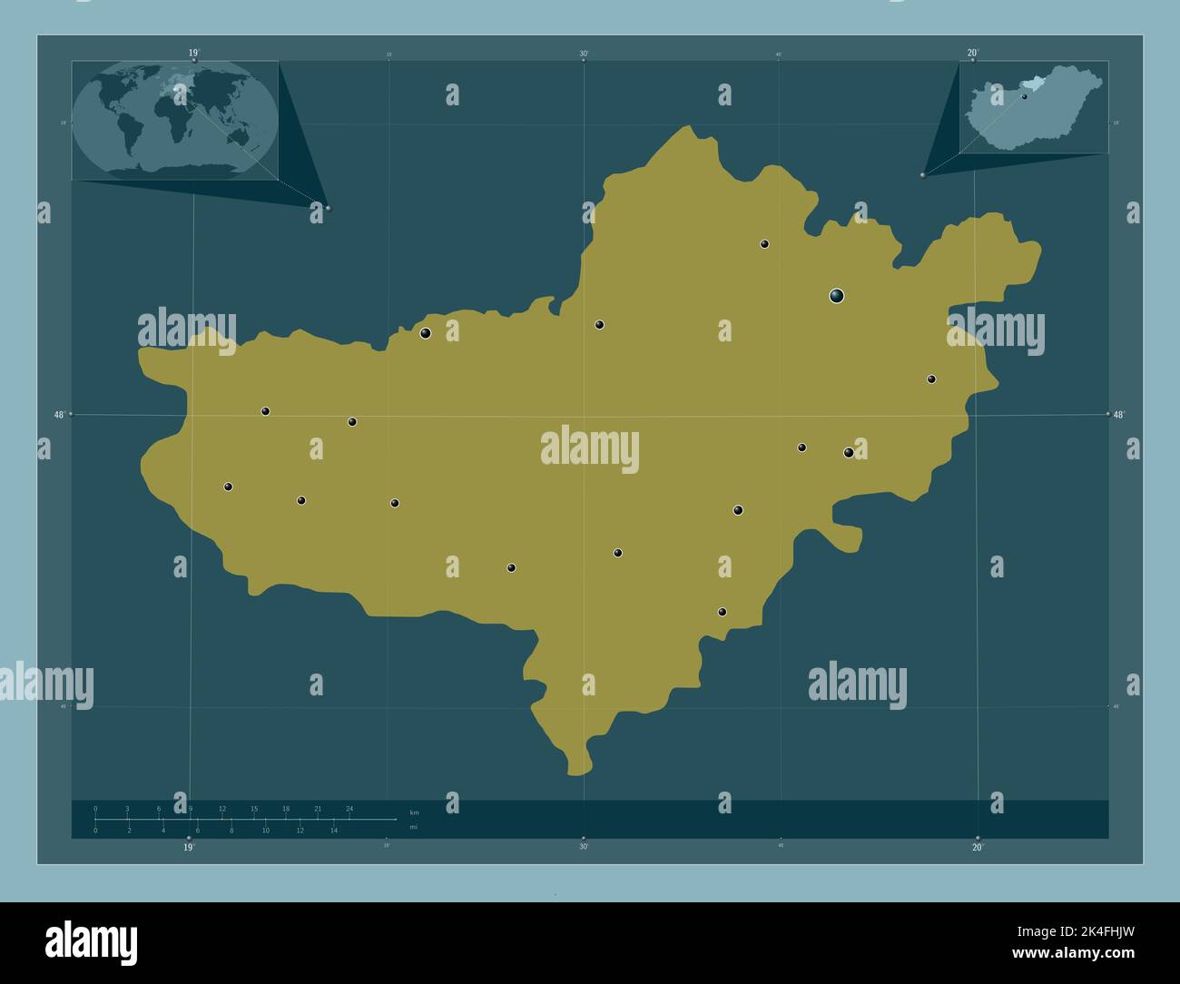 Nograd, county of Hungary. Solid color shape. Locations of major cities ...