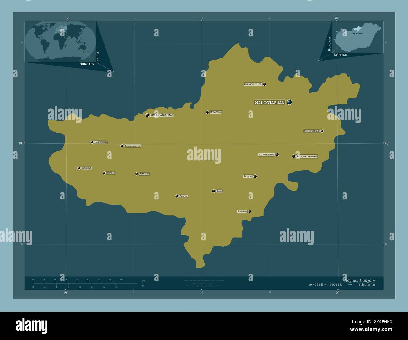 Nograd, county of Hungary. Solid color shape. Locations and names of ...