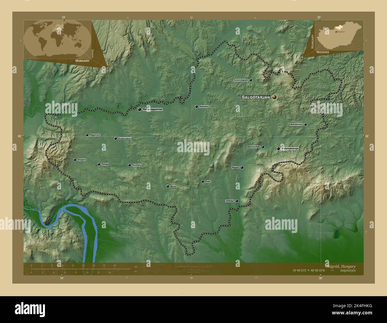 Nograd, county of Hungary. Colored elevation map with lakes and rivers ...