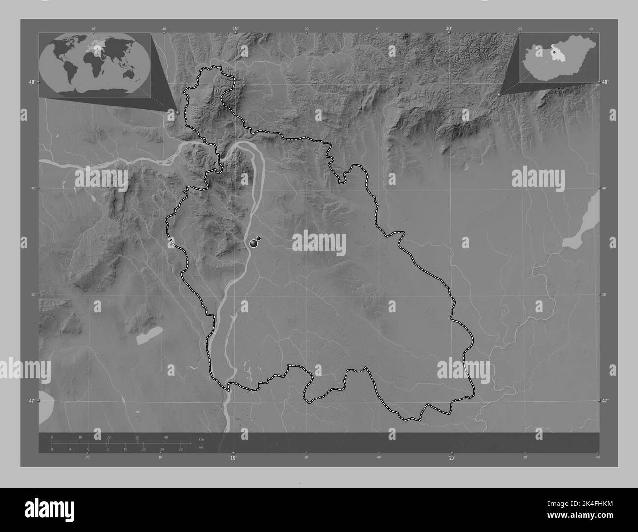 Pest, county of Hungary. Grayscale elevation map with lakes and rivers ...