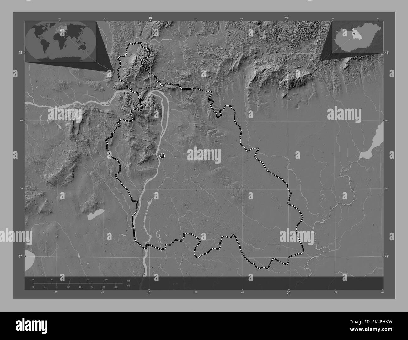 Pest, county of Hungary. Bilevel elevation map with lakes and rivers ...