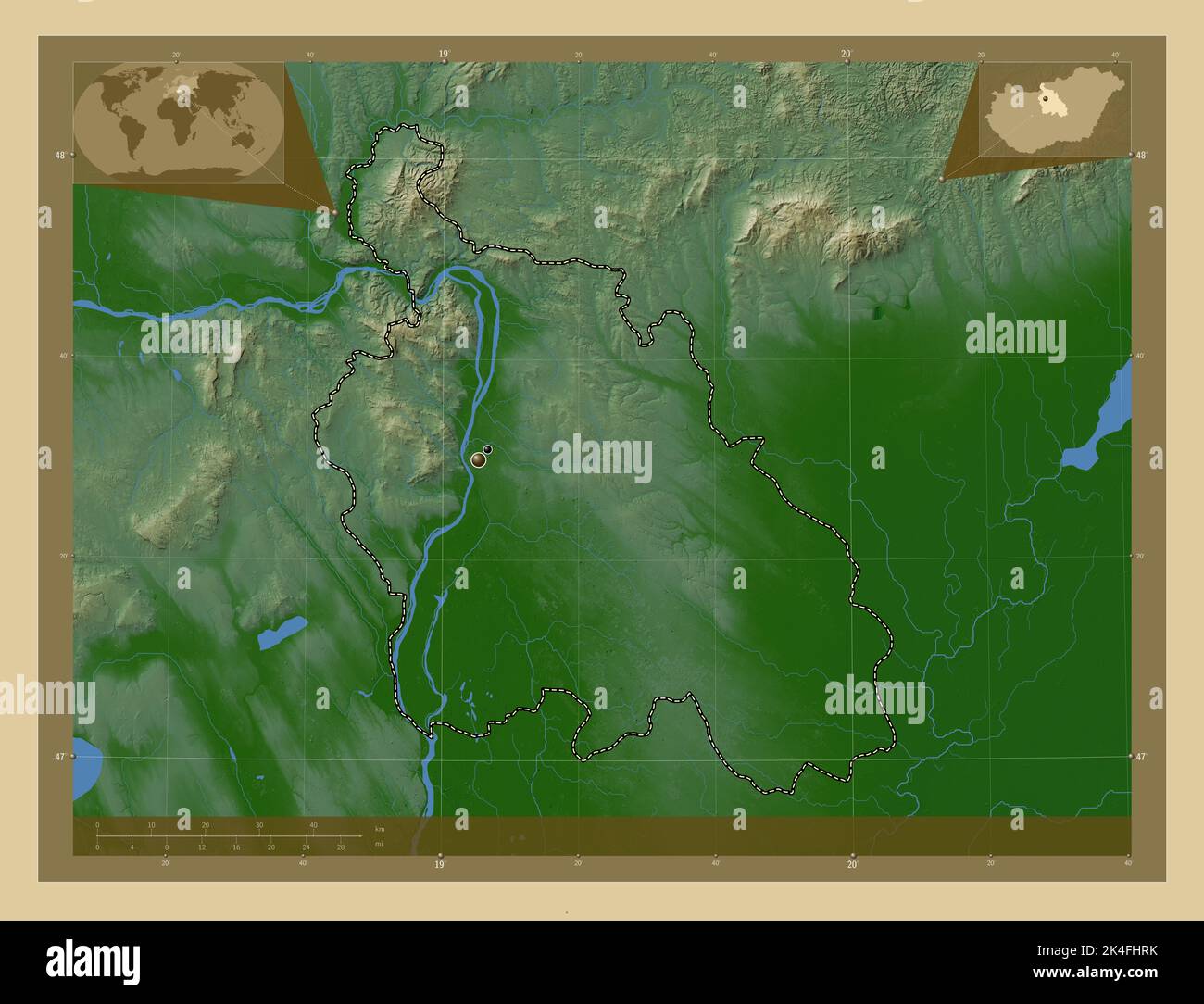 Pest, county of Hungary. Colored elevation map with lakes and rivers ...