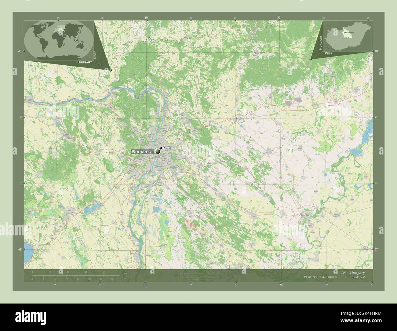 Pest, county of Hungary. Open Street Map. Locations and names of major ...