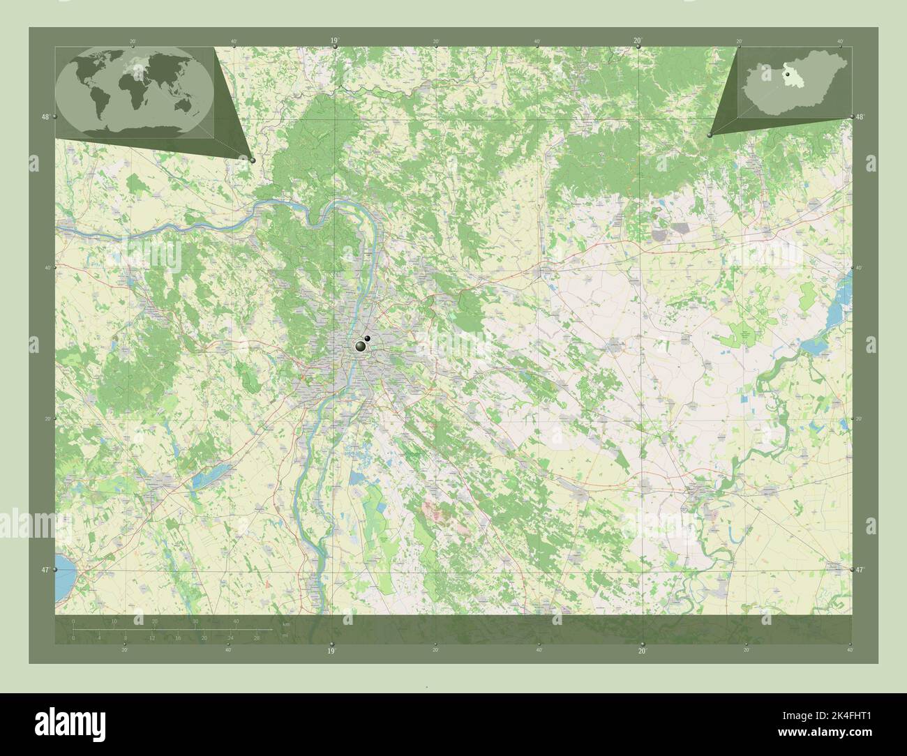 Pest, county of Hungary. Open Street Map. Locations of major cities of ...