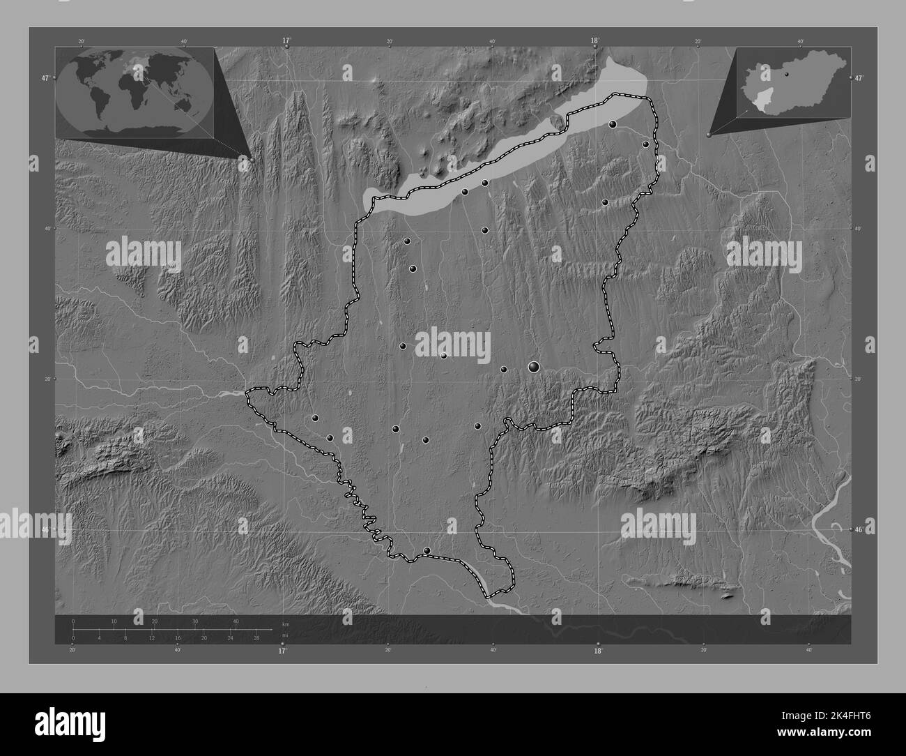 Somogy, county of Hungary. Bilevel elevation map with lakes and rivers ...