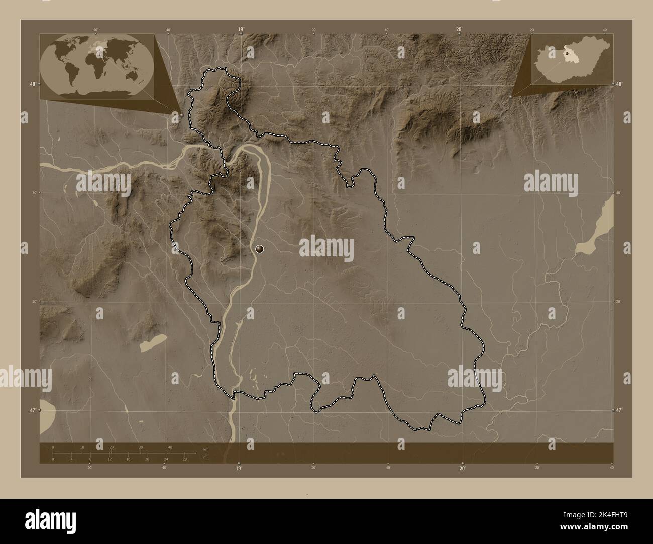 Pest, county of Hungary. Elevation map colored in sepia tones with ...