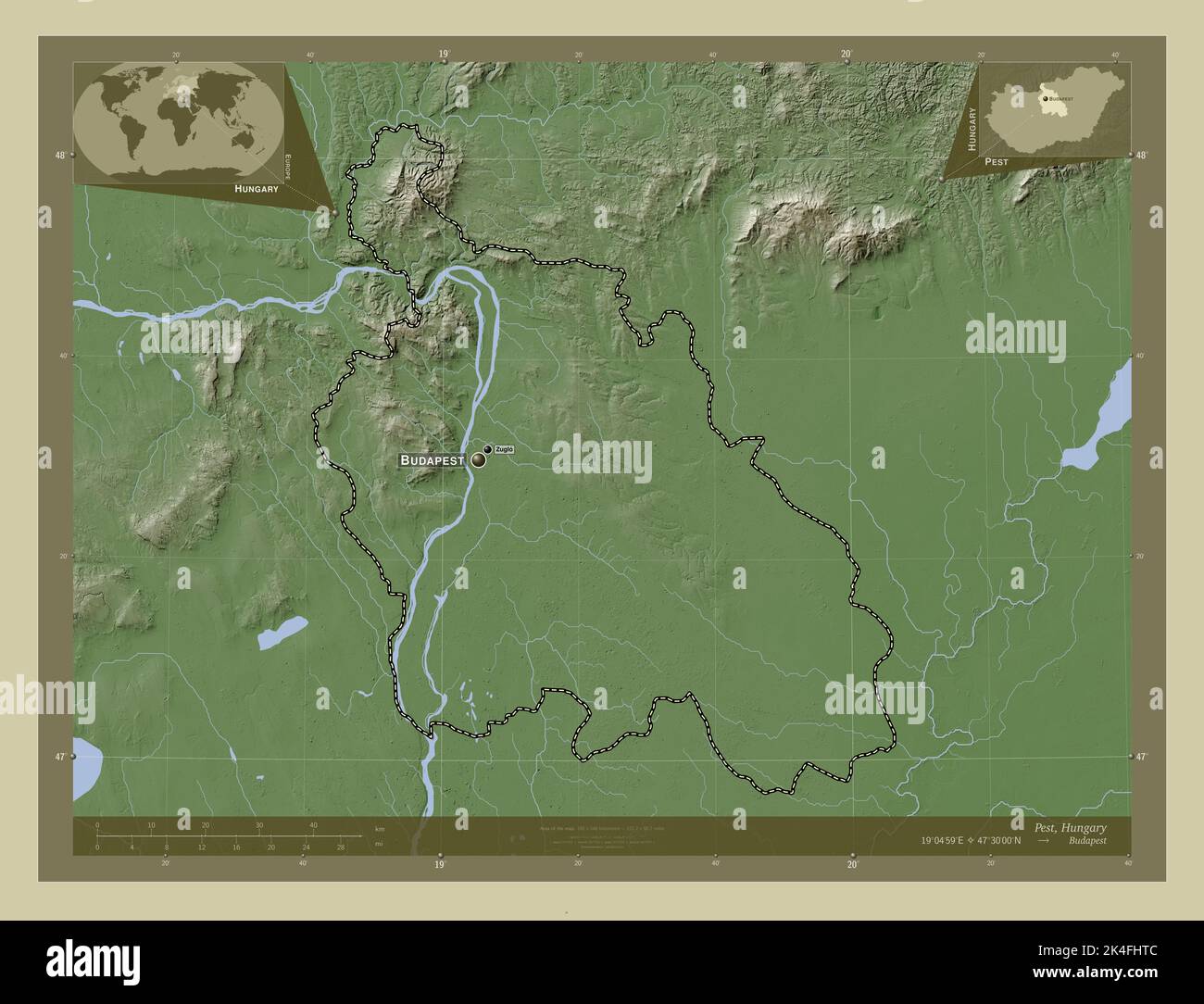 Pest, county of Hungary. Elevation map colored in wiki style with lakes ...