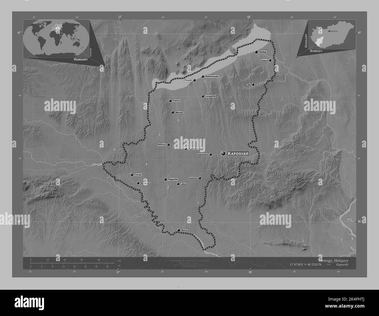 Somogy, county of Hungary. Grayscale elevation map with lakes and ...