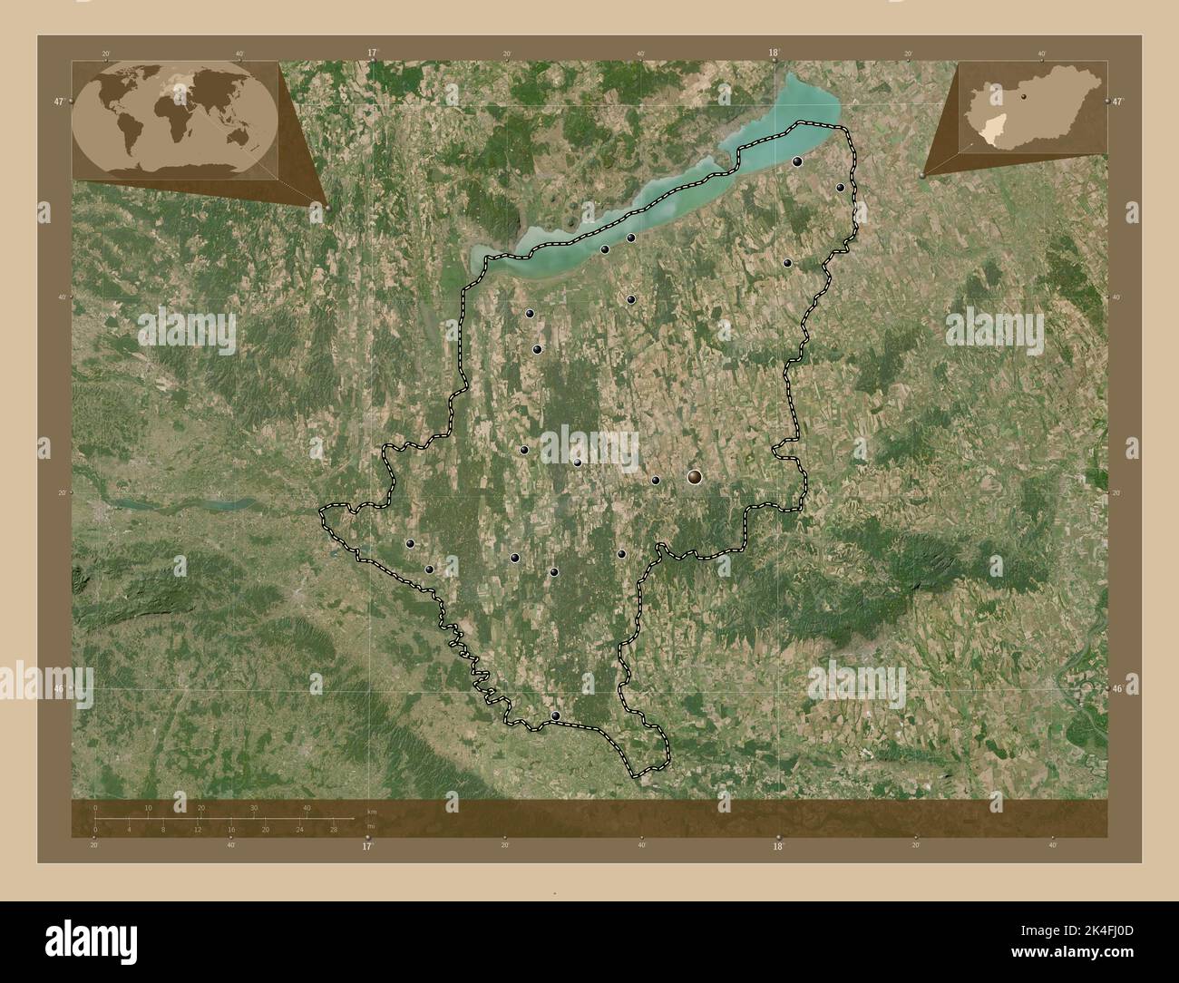 Somogy, county of Hungary. Low resolution satellite map. Locations of ...