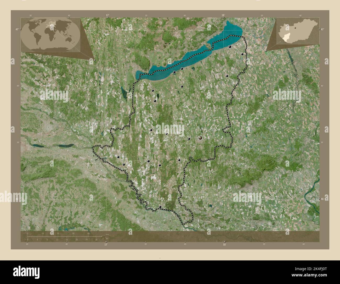 Somogy, county of Hungary. High resolution satellite map. Locations of ...