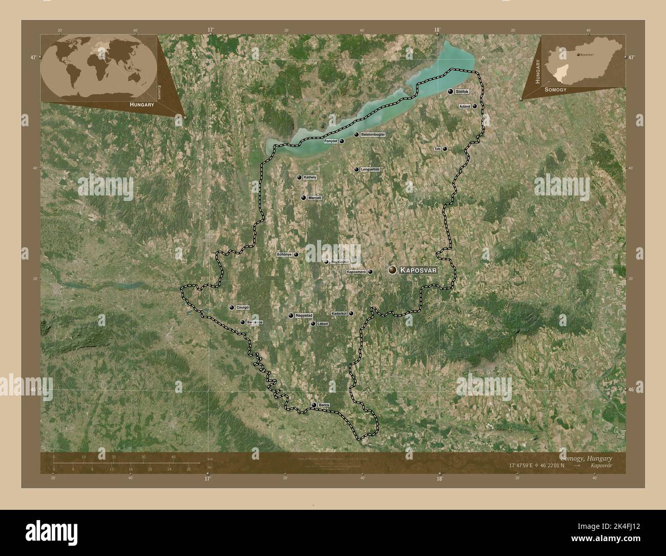 Somogy, county of Hungary. Low resolution satellite map. Locations and ...
