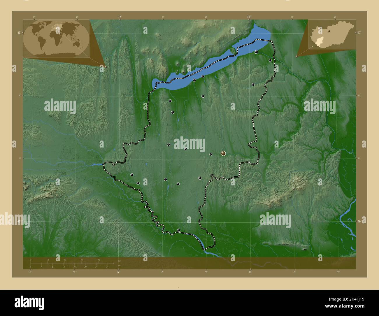 Somogy, county of Hungary. Colored elevation map with lakes and rivers ...