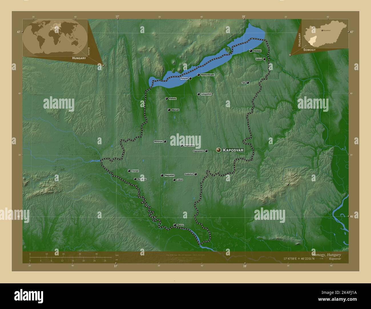 Somogy, county of Hungary. Colored elevation map with lakes and rivers ...