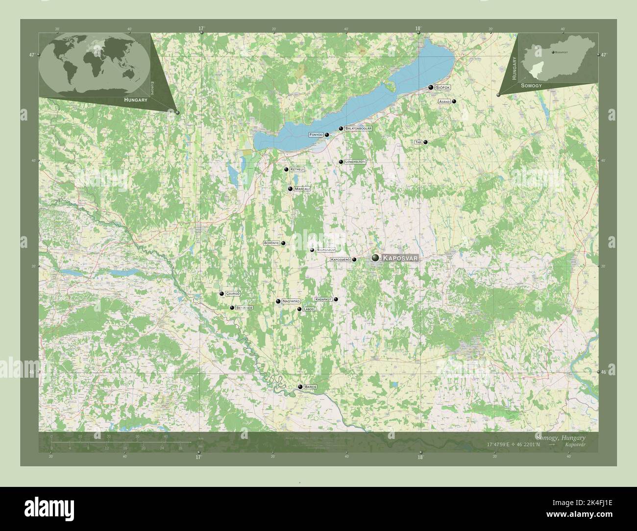 Somogy, county of Hungary. Open Street Map. Locations and names of ...