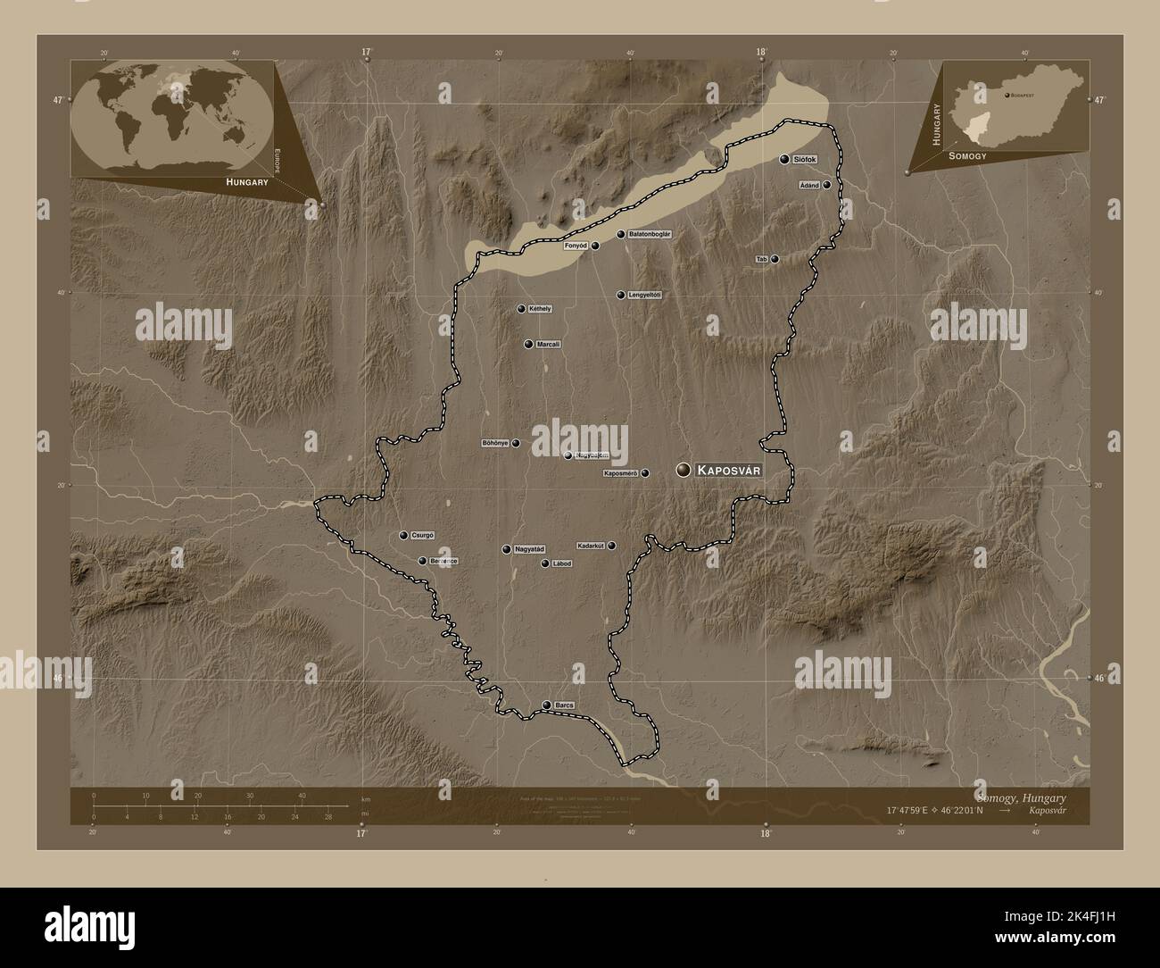 Somogy, county of Hungary. Elevation map colored in sepia tones with ...