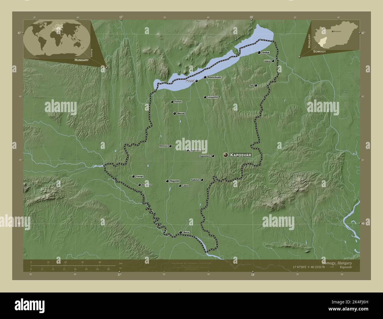 Somogy, county of Hungary. Elevation map colored in wiki style with ...