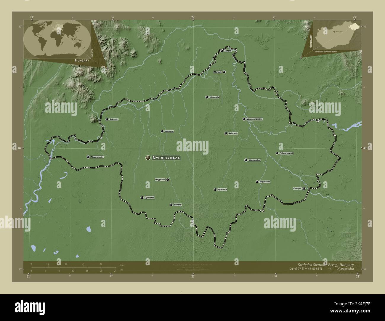 Szabolcs-Szatmar-Bereg, county of Hungary. Elevation map colored in ...