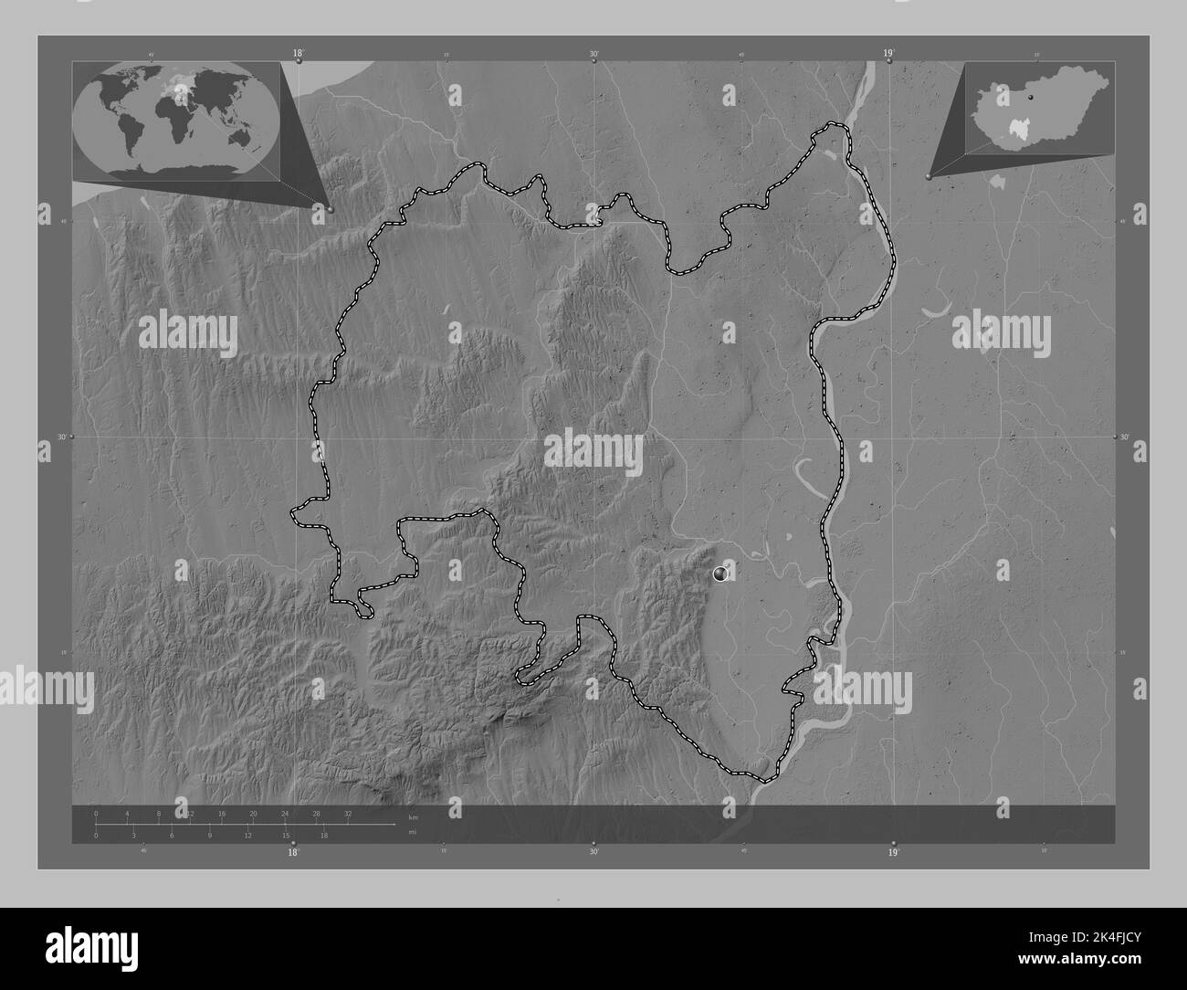 Tolna, county of Hungary. Grayscale elevation map with lakes and rivers ...