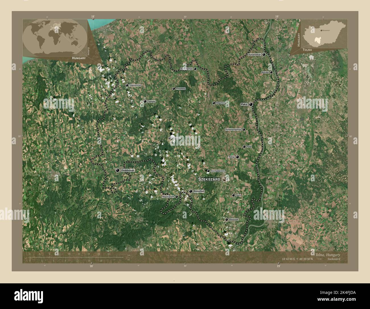 Tolna, county of Hungary. High resolution satellite map. Locations and ...