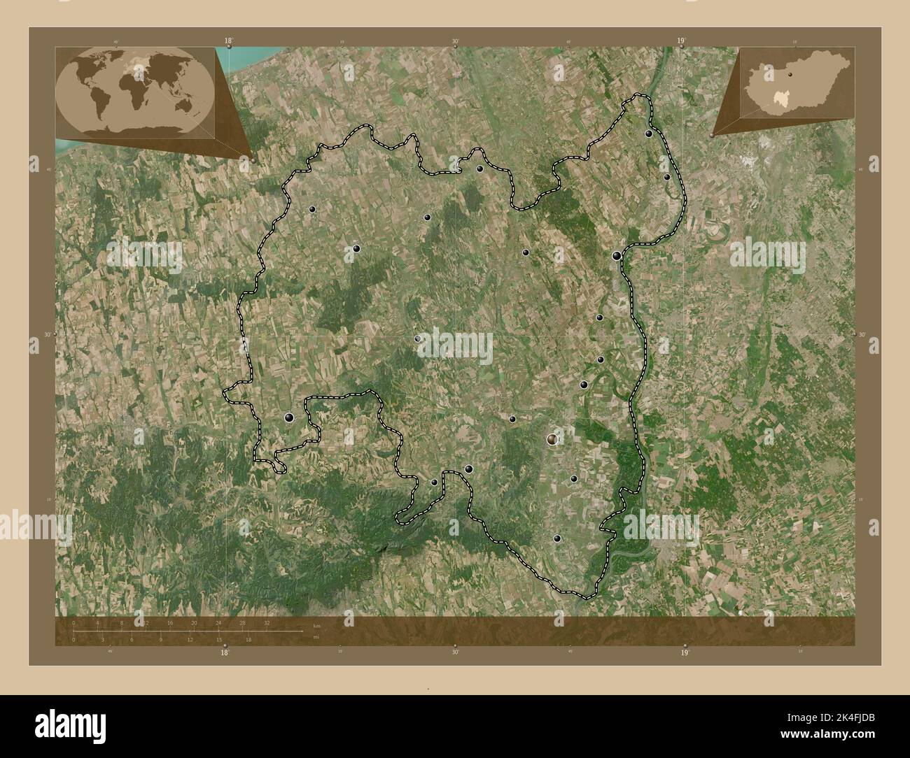 Tolna, county of Hungary. Low resolution satellite map. Locations of ...