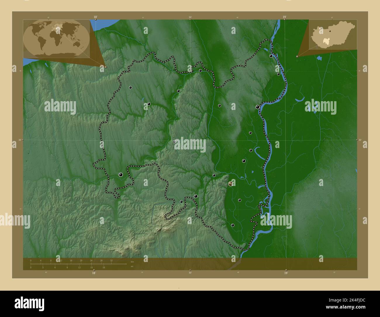 Tolna, county of Hungary. Colored elevation map with lakes and rivers ...