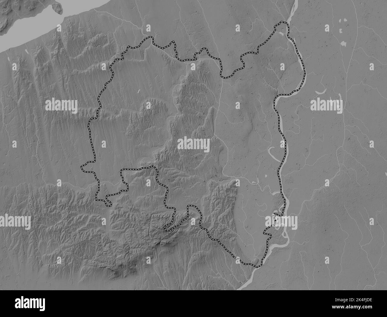 Tolna, county of Hungary. Grayscale elevation map with lakes and rivers ...