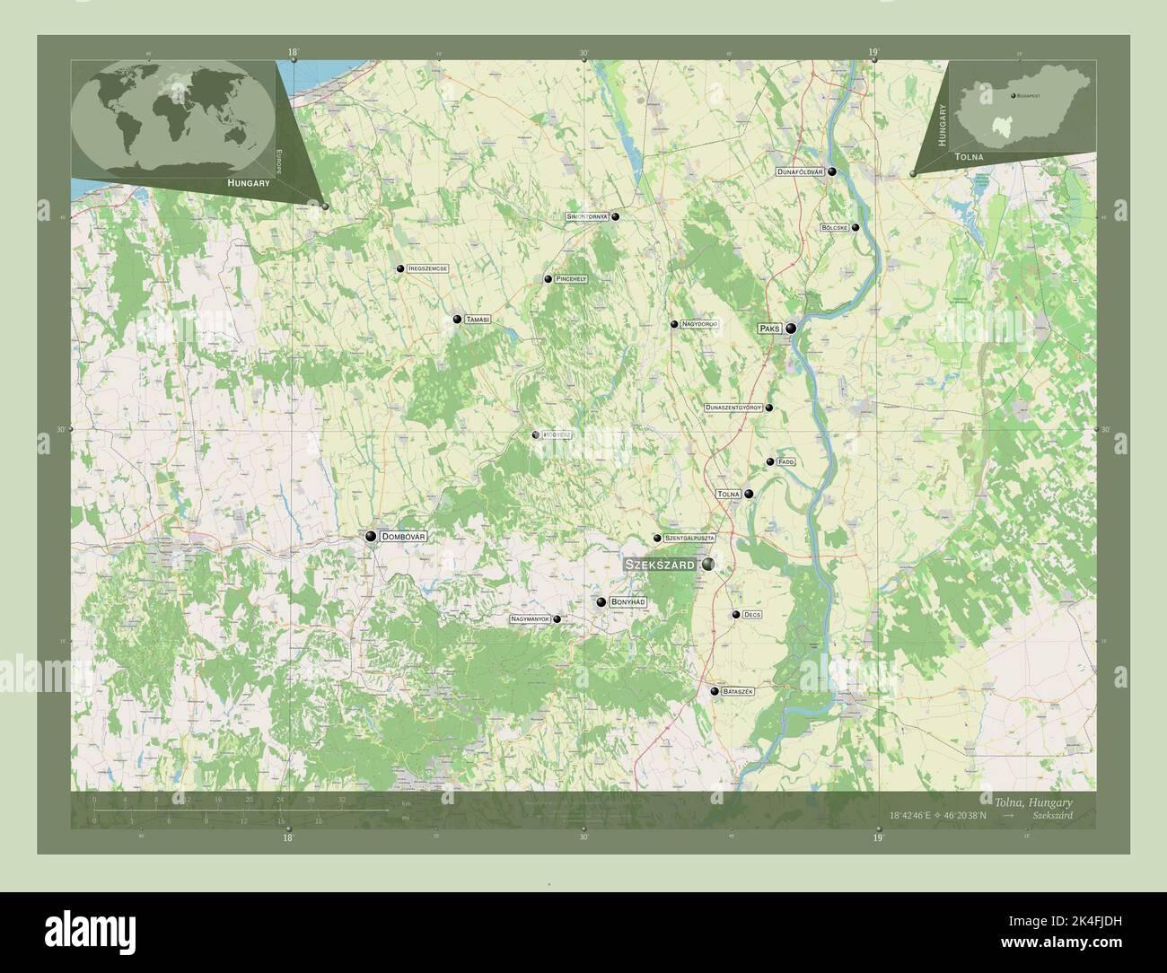 Tolna, county of Hungary. Open Street Map. Locations and names of major ...