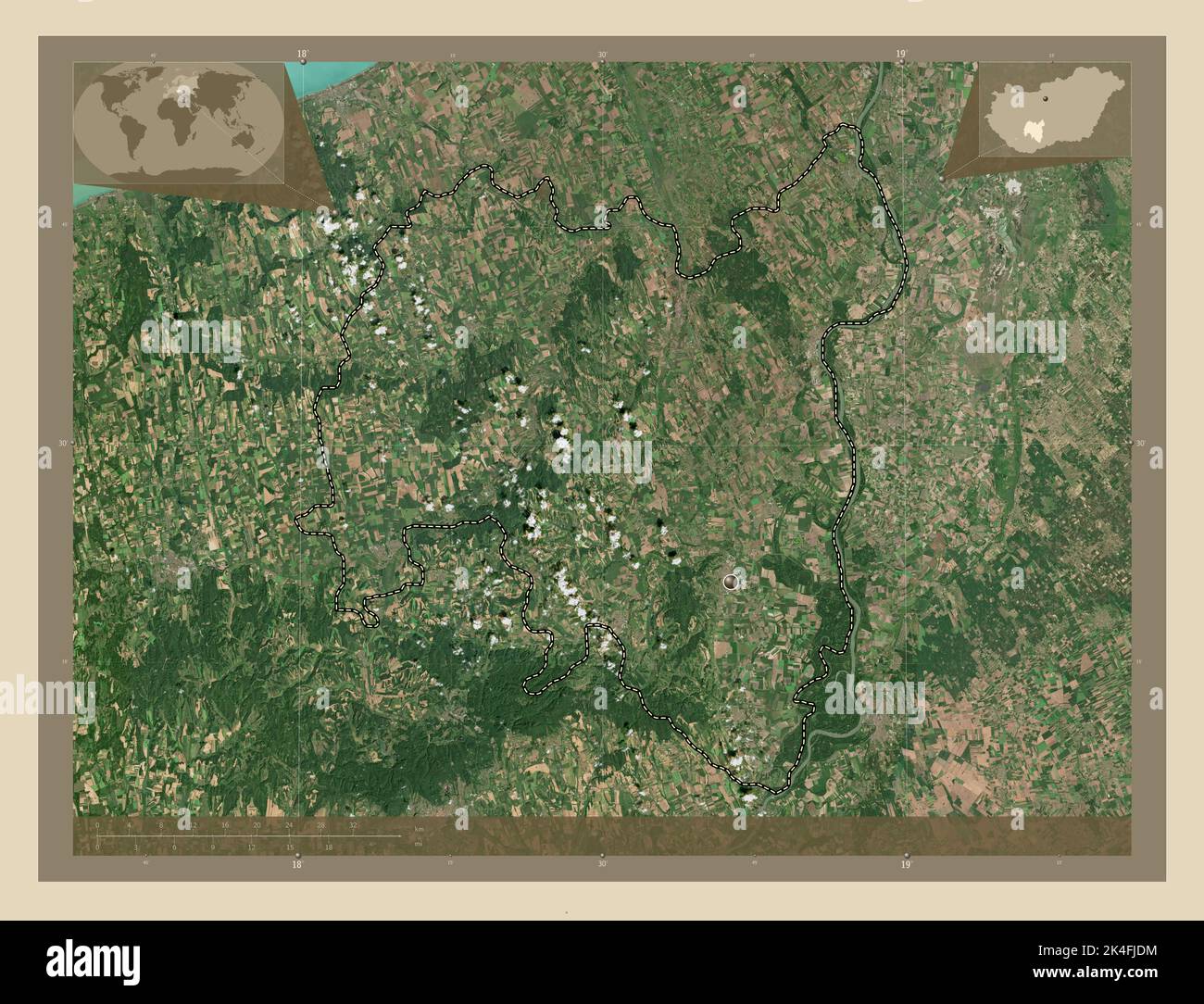 Tolna, county of Hungary. High resolution satellite map. Corner ...
