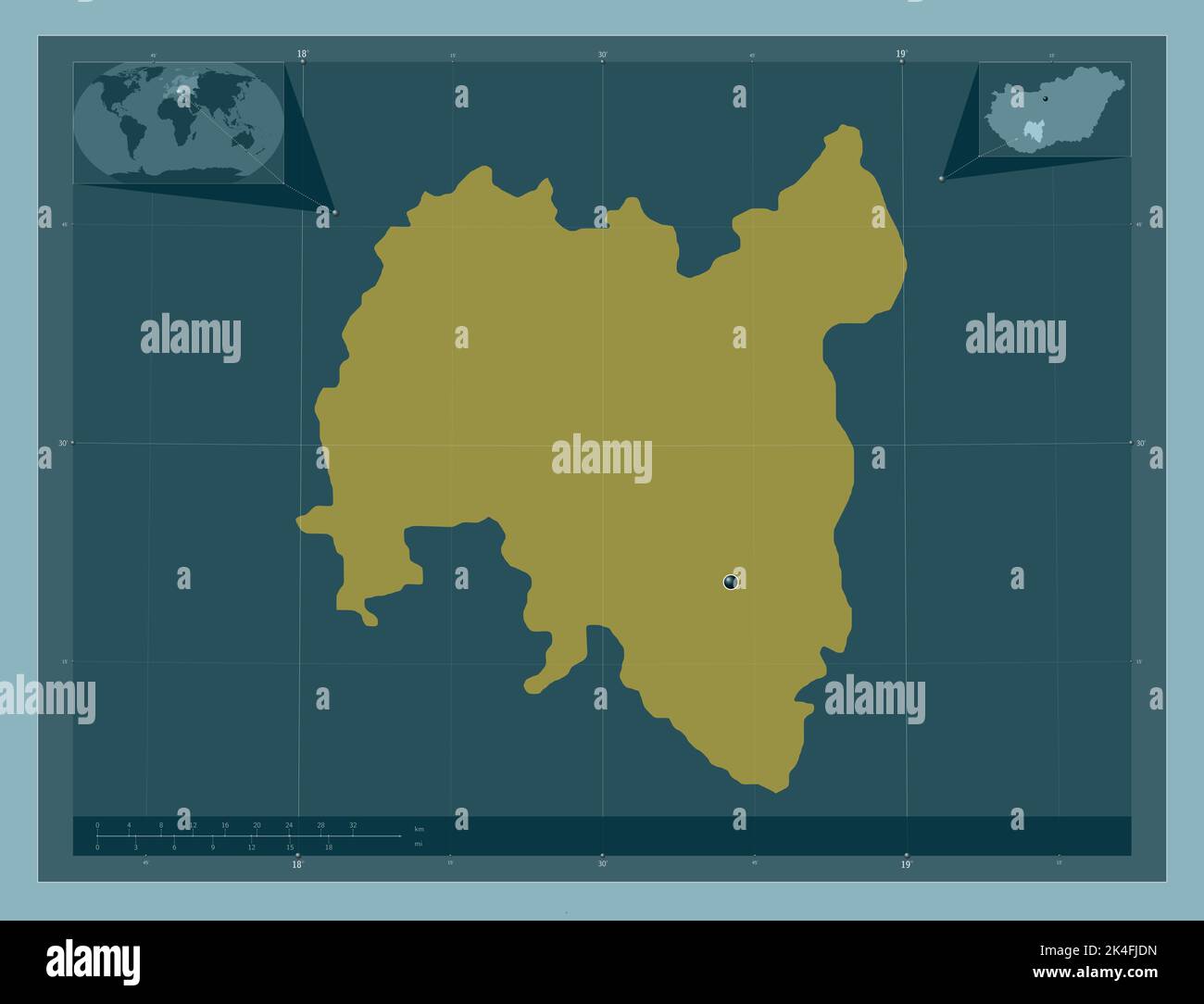 Tolna, county of Hungary. Solid color shape. Corner auxiliary location ...