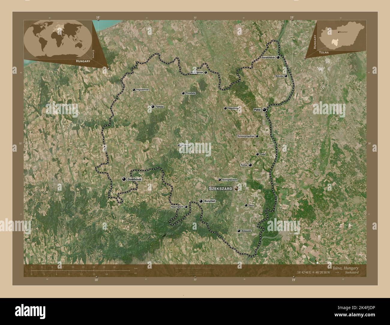 Tolna, county of Hungary. Low resolution satellite map. Locations and ...