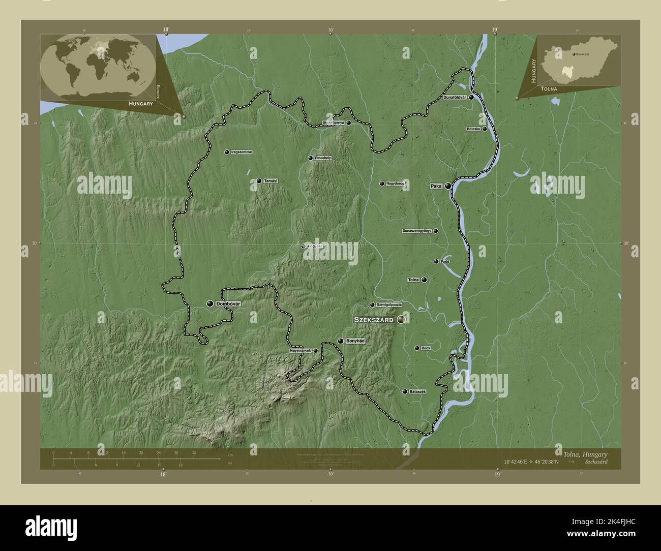 Tolna, county of Hungary. Elevation map colored in wiki style with ...