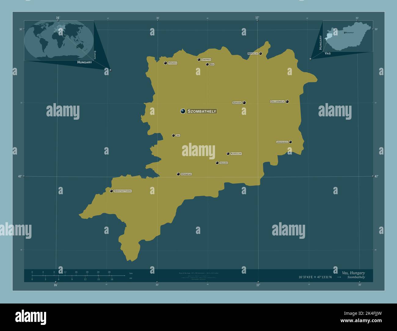 Vas, county of Hungary. Solid color shape. Locations and names of major ...