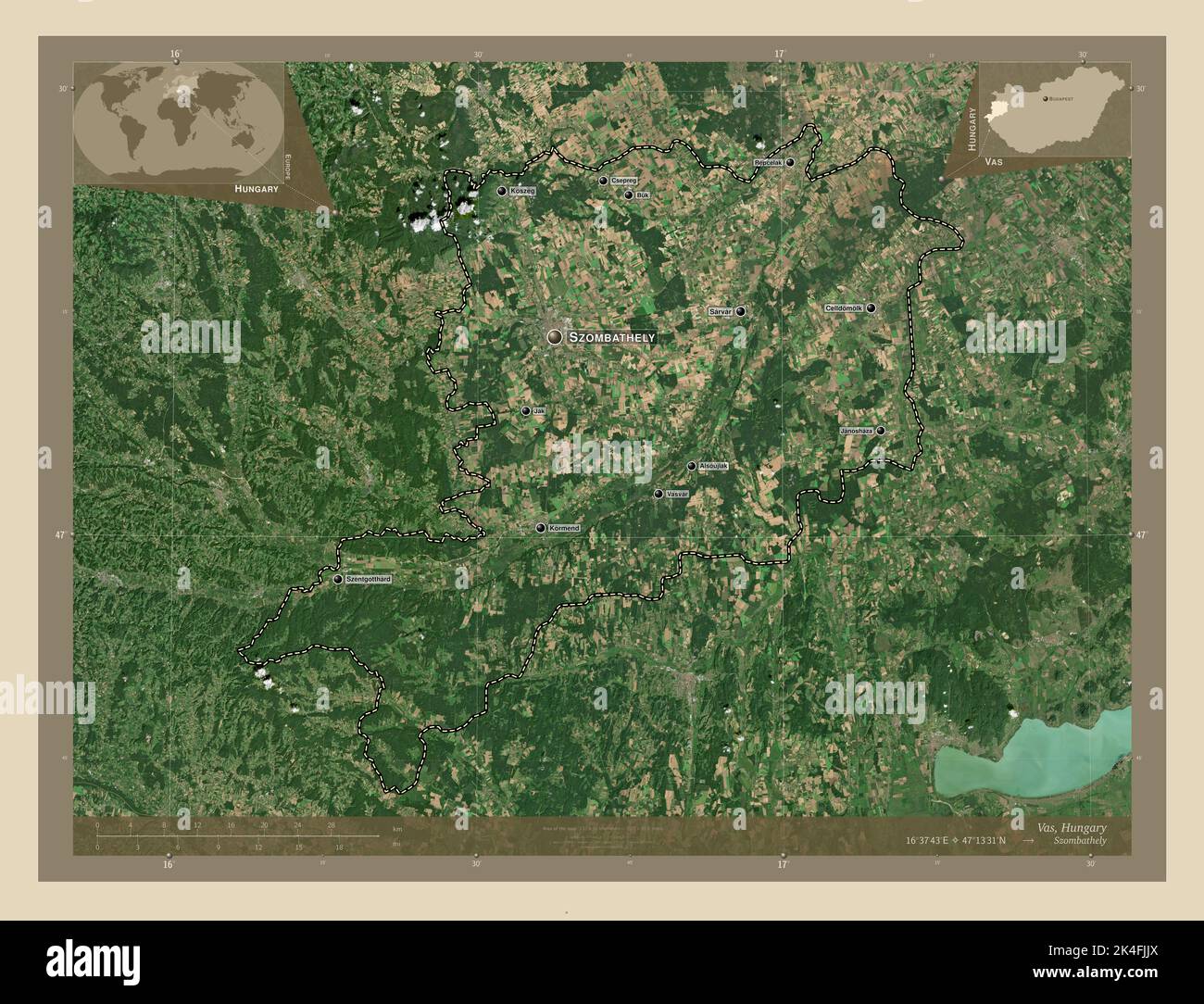 Vas, county of Hungary. High resolution satellite map. Locations and ...