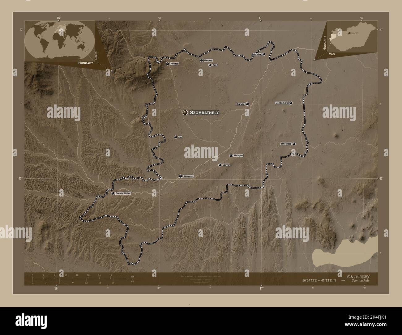 Vas, county of Hungary. Elevation map colored in sepia tones with lakes ...