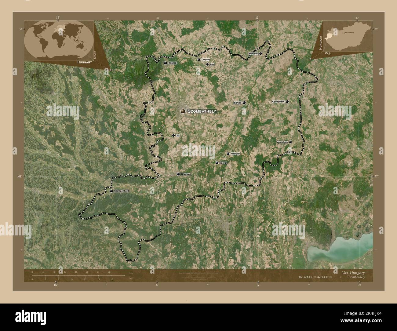 Vas, county of Hungary. Low resolution satellite map. Locations and ...