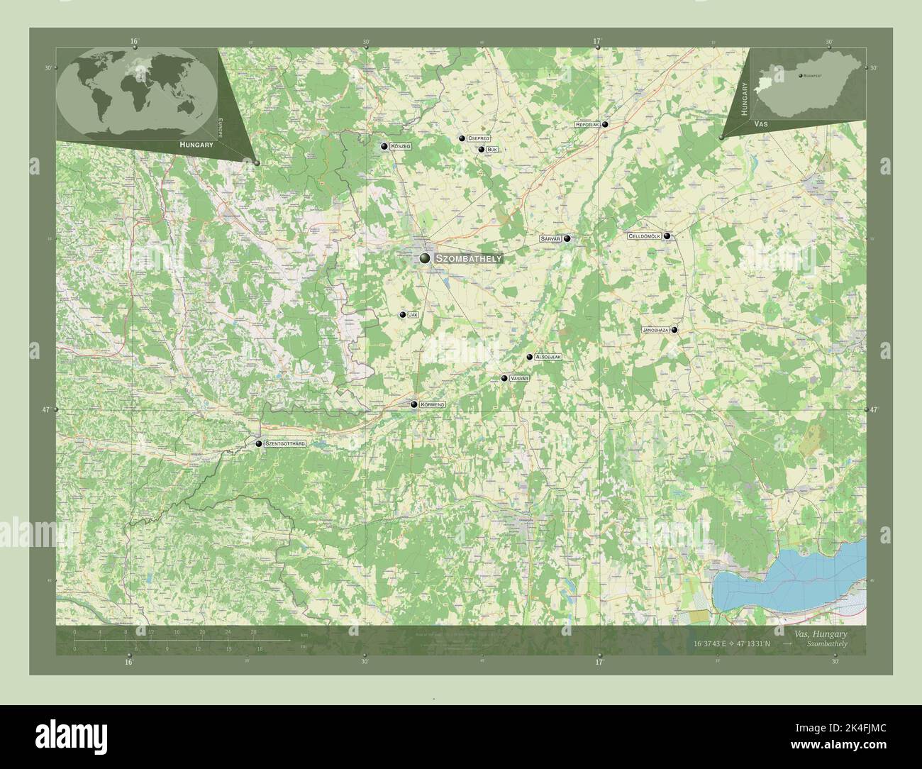 Vas, county of Hungary. Open Street Map. Locations and names of major ...