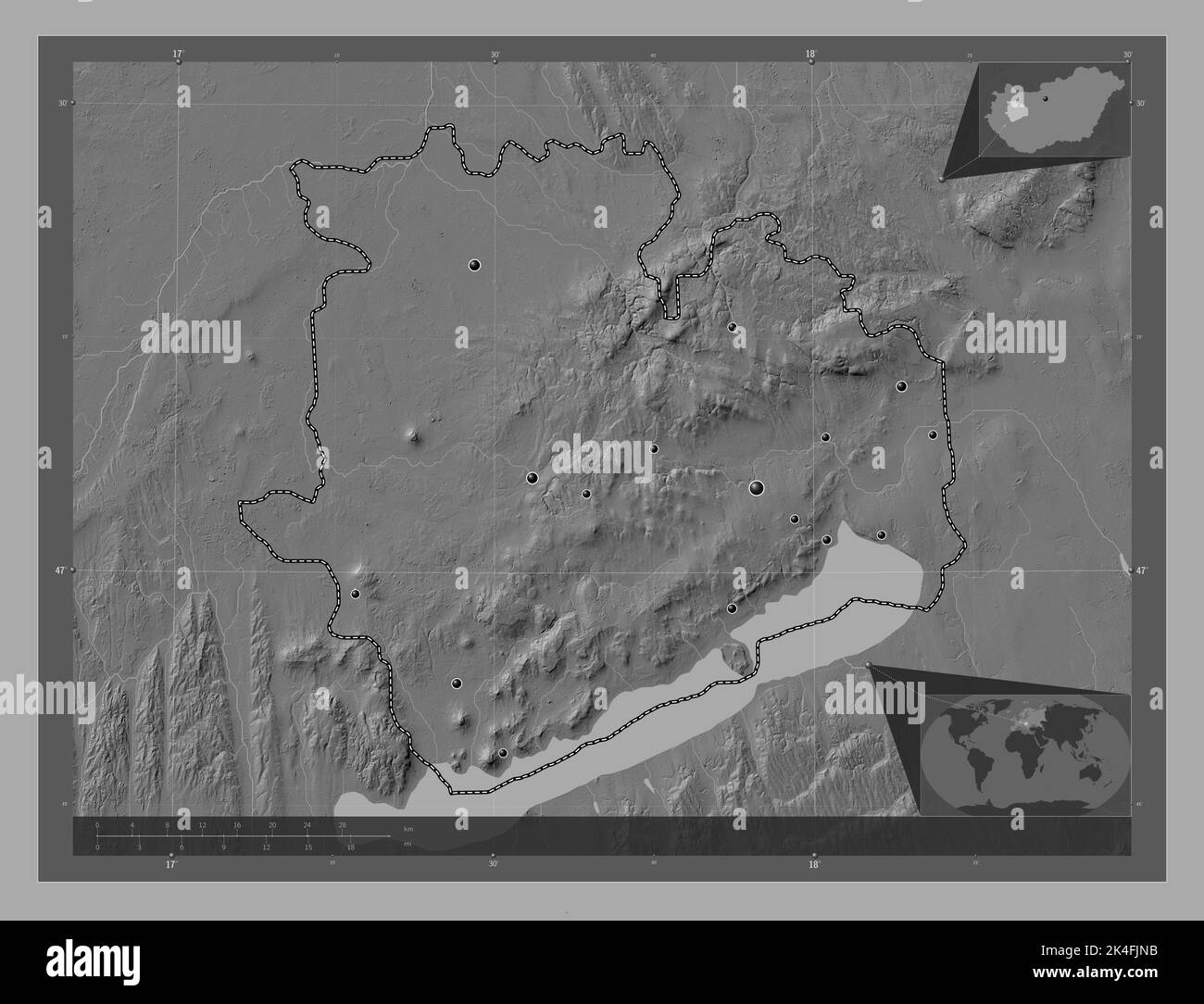 Veszprem, county of Hungary. Bilevel elevation map with lakes and ...