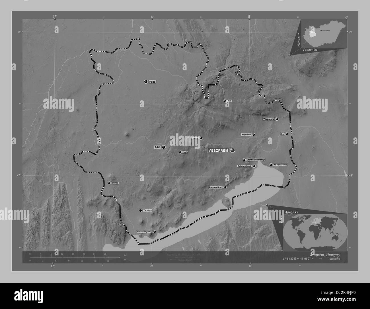 Veszprem, county of Hungary. Grayscale elevation map with lakes and ...