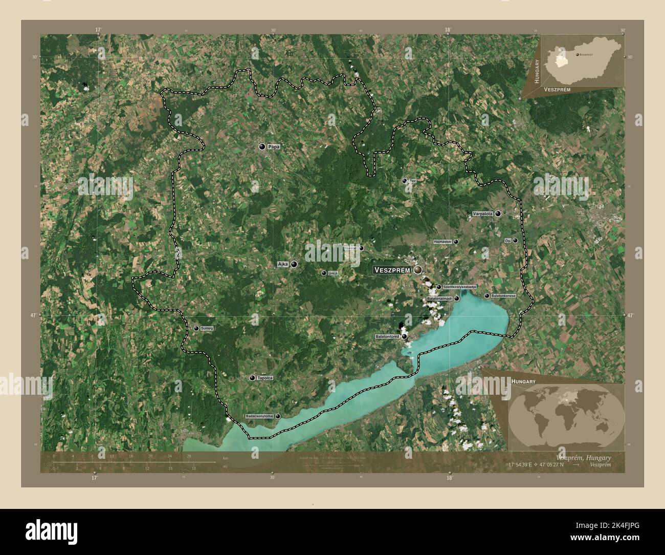 Veszprem, county of Hungary. High resolution satellite map. Locations ...