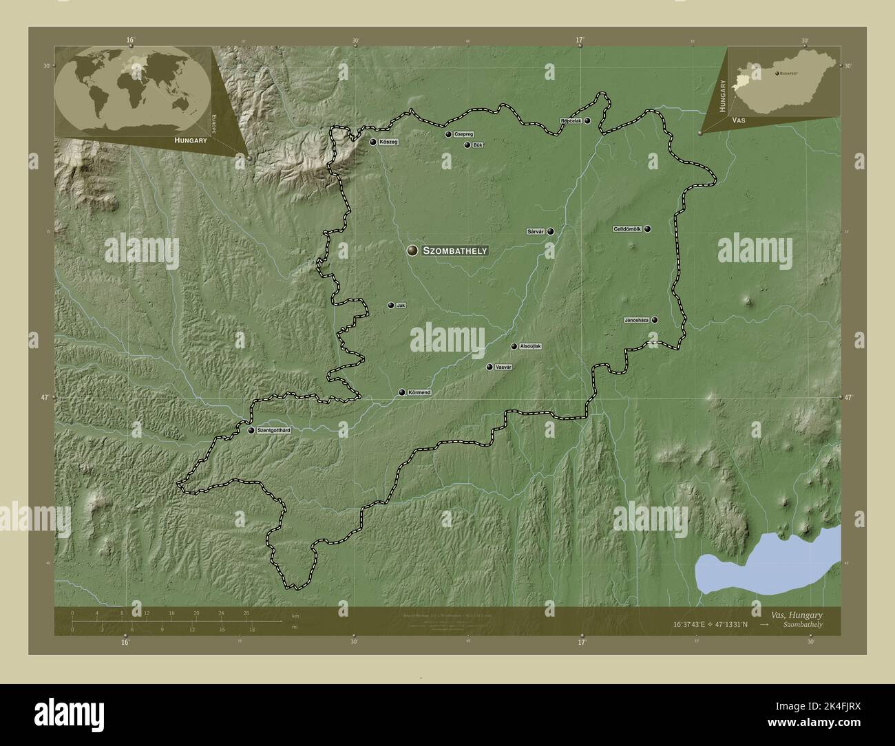 Vas, county of Hungary. Elevation map colored in wiki style with lakes ...